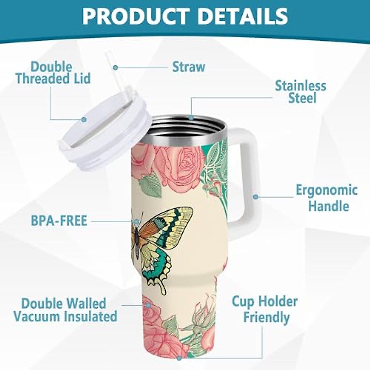 ODAWA 40oz Spill Proof Tumbler with Straw, Butterfly Pink Roses Vacuum Insulated Tumbler with Handle and Straw Lid