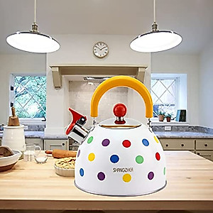 SHANGZHER Cute Tea Kettle Stovetop Whistling Colorful Polka Dots Kettle Stainless Steel Tea Pot Foldable Handle (Polka dots 2.6 Quart / 2.5 Liter)