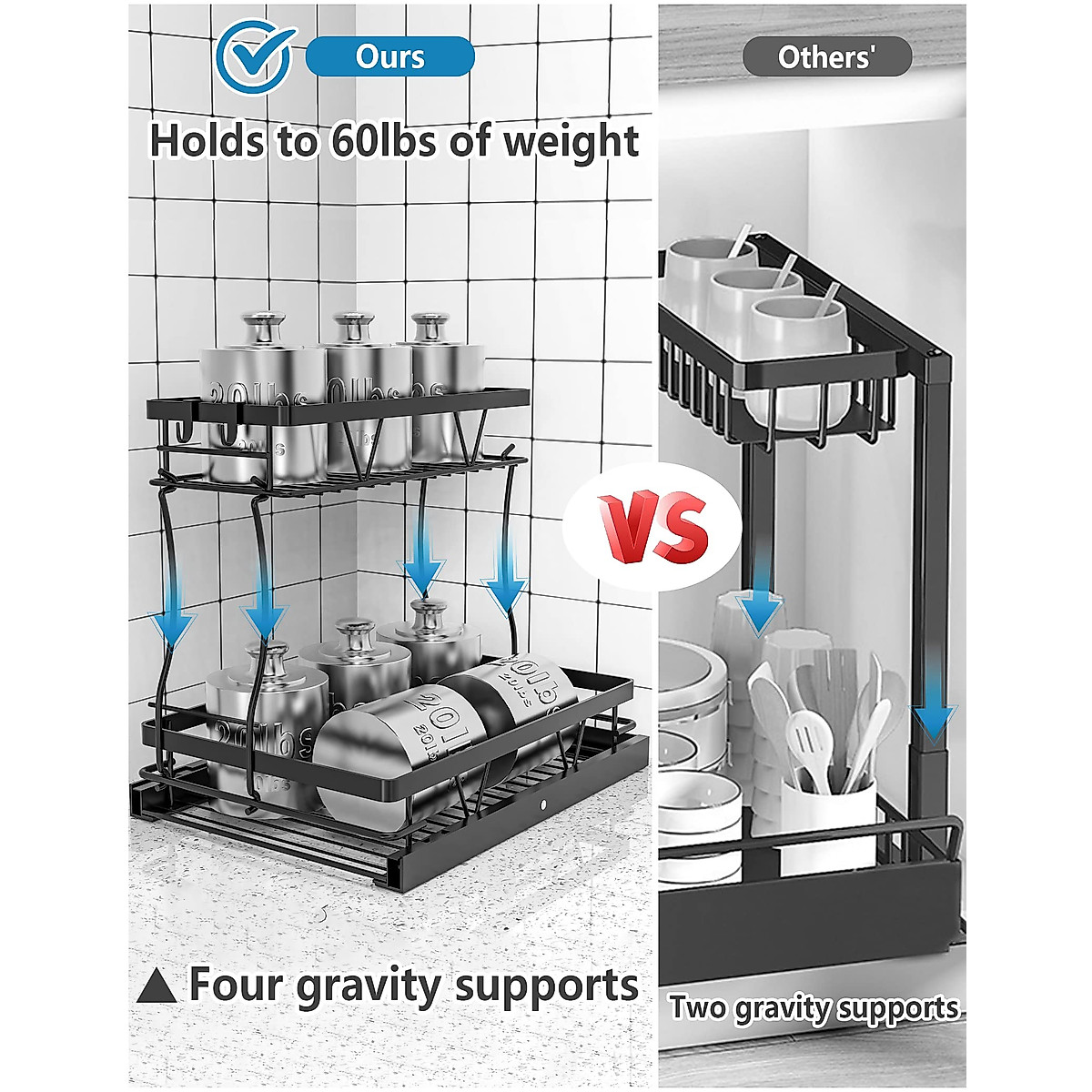 Iperlife 2 Tier Under Sink Organizers and Storage for Kitchen Pull Out Cabinet Basket Organizer with 4 Hooks, Multi-Purpose Metal Storage Shelf Rack for Bathroom Living Room Bedroom