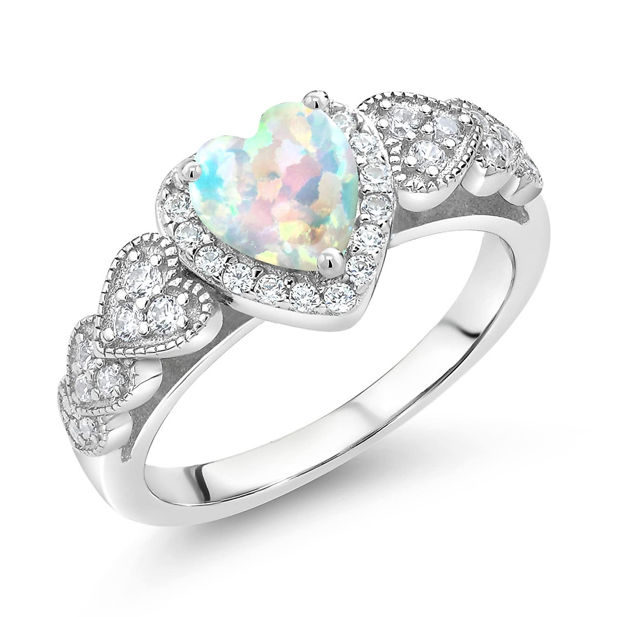 Gem Stone King 925 Sterling Silver Heart Shape Simulated Opal and White Moissanite Ring For Women (0.93 Cttw, Available In Size 5, 6, 7, 8, 9)