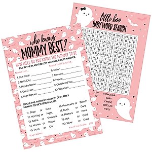 DISTINCTIVS Pink A Little Boo is Almost Due Girl Baby Shower Games - Who Knows Mommy Best and Word Search (2 Activity Game Bundle) - Set of 20 Player Cards, Halloween Baby Shower