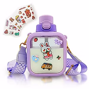 Kawaii Water Bottle for Girls Cute Water Bottles with Straw, Portable Leak Proof Square Kawaii Water Bottle with Stickers and Adjustable Strap - for Outdoor Sports Travel, BPA-Free, 24oz (Purple)