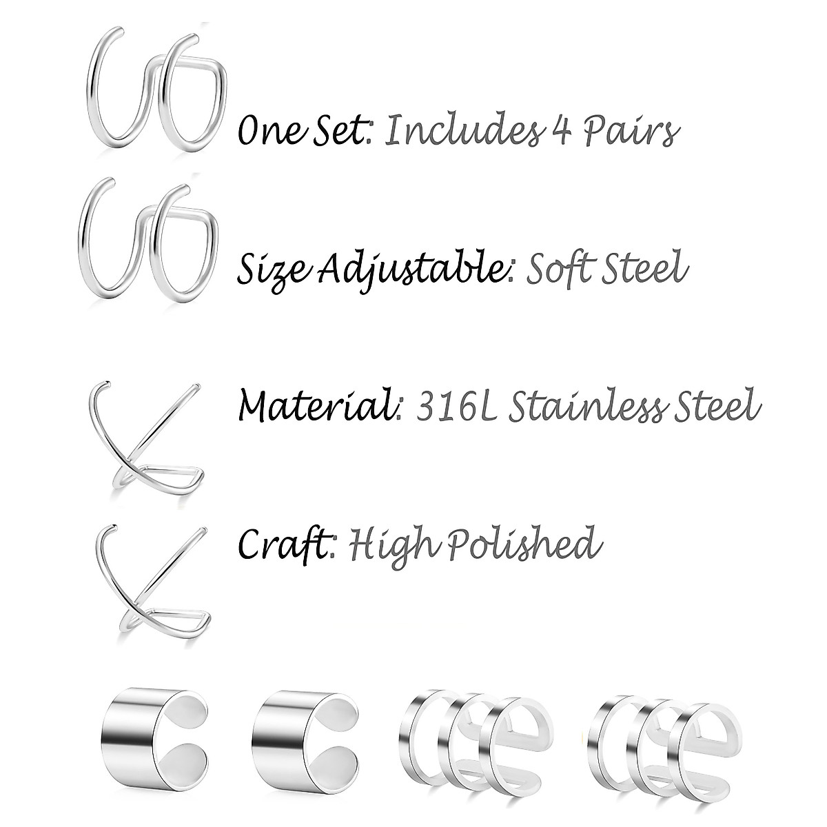 Tornito 4-10 Pairs Stainless Steel Ear Cuff Helix Cartilage Clip On Wrap Earrings Fake Nose Ring Non-Piercing Adjustable (A4: 4 Pairs, Silver Tone)