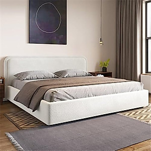 Omax Decor Chloe Upholstered Platform Bed | Box Spring Not Required | (White Boucle, King Bed Frame)