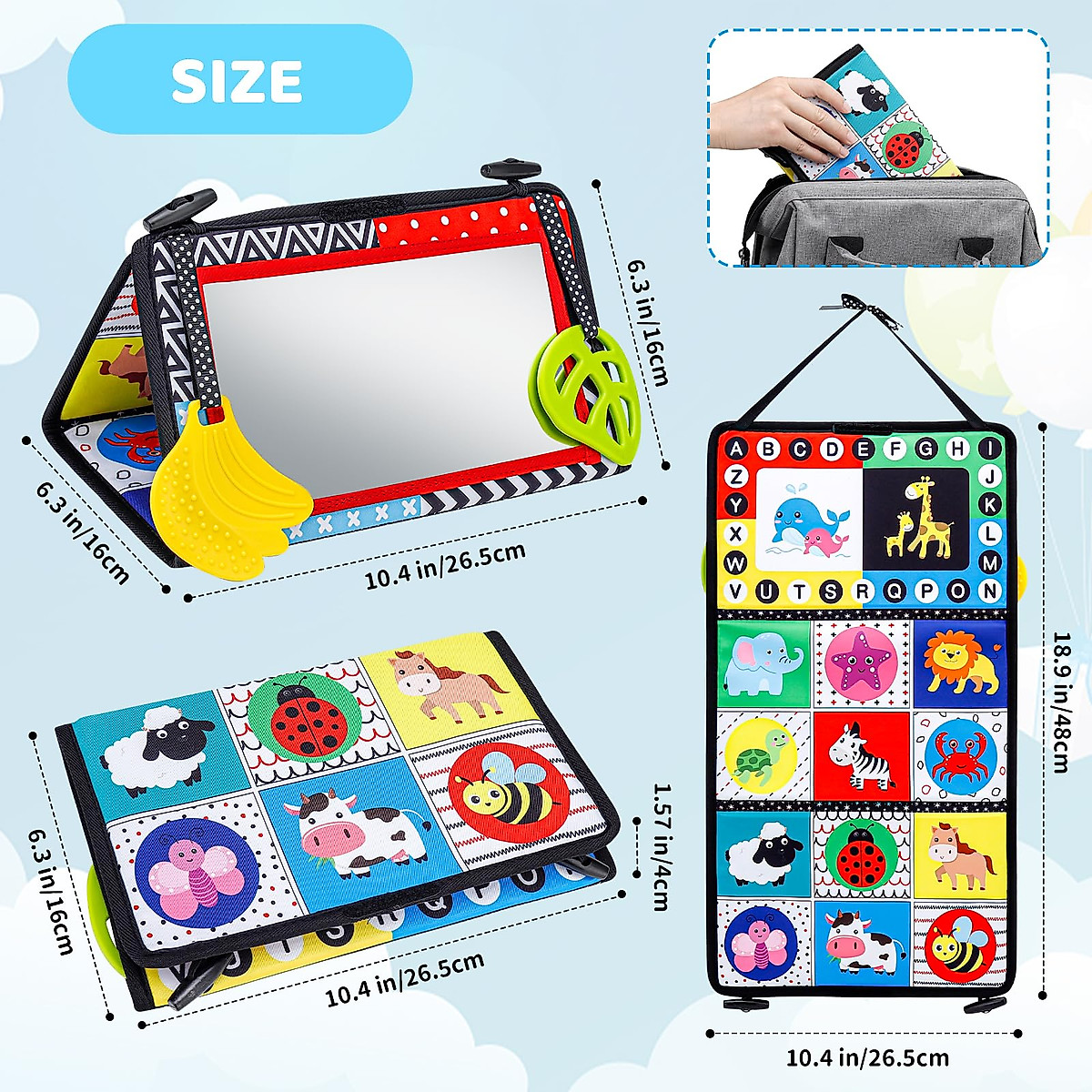 Vasdoo Tummy Time Mirror for Baby, Brain Developmental Montessori Infant Toys with Crinkle Cloth Book and Teether,High Contrast Black and White Sensory Toys for Boys and Girls 0 3 6 12 Months