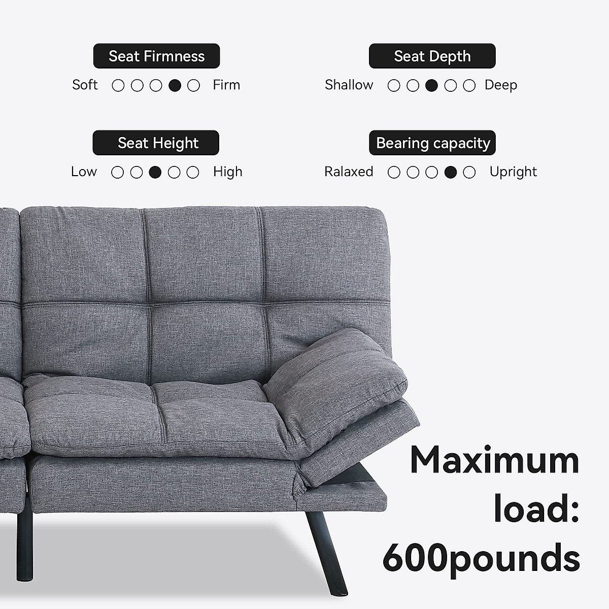 Opoiar Futon Sofa Bed Grey Fabric Memory Foam Leather Futon Split Seat,Modern Sleeper Sofa Love Seat，Folding Modern Sleeper Sofa for Small Space/Drom/Office/Apartment