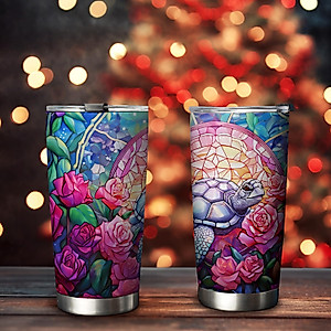 20oz Stained Glass Flower Sea Turtle Tumbler, Gifts for Turtle Lovers, Ocean, Beach Gifts, Coffee Thermos for Women, Stainless Steel Double Wall Vacuum Insulated Coffee Mug, Travel Cup with Lid