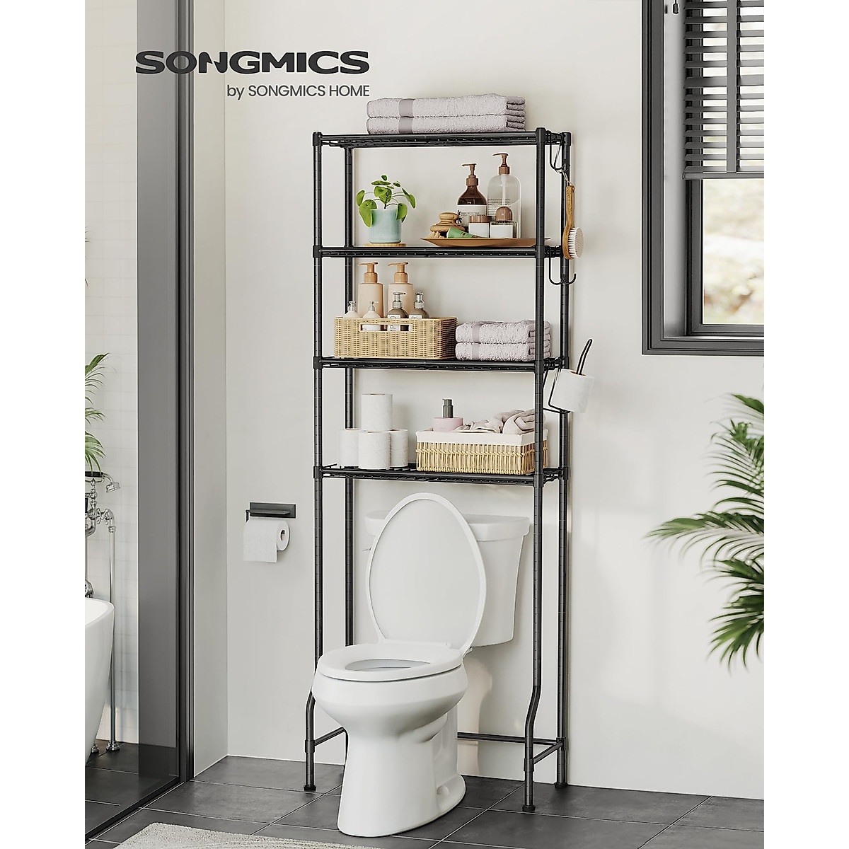 SONGMICS 4 Tier Over The Toilet Storage, Metal Storage Rack, Adjustable Shelves, 4 Hooks, Roll Holder, Space-Saving Bathroom Storage Shelf Organizer, 11.8 x 24.8 x 69.3 Inches, Black UBTS013B01