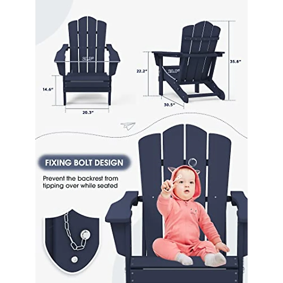 KINGYES Folding Adirondack Chair, HDPE All-Weather Adirondack Chair, Navy