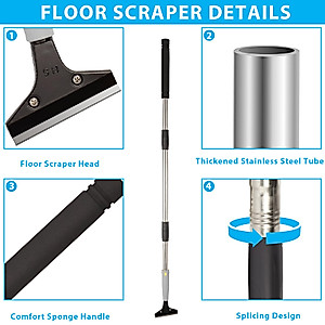 Floor Scraper, Scraper Tool Long Handle Adjustable 31" to 61" with 4-inch Razor Blade Stainless Steel Material Cleaning Glass Wall Gum Paint Tile Glue Linoleum Carpet Sturdy Durable