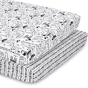 The Peanutshell Fitted Pack n Play, Playard, Mini Crib Sheets for Baby Boys or Girls | 2 Pack Set | Zoo Animals and Tribal Stripes