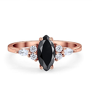 Blue Apple Co. Rose Tone, Simulated Black CZ Size-9 Art Deco Vintage Style Marquise Wedding Engagement Bridal Ring Round Simulated Cubic Zirconia 925 Sterling Silver