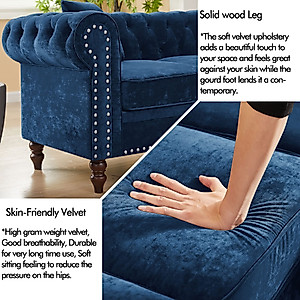 Eafurn 80” L Shaped Chesterfield Sectional, Deep Button Tufted Upholstered Corner Rolled Arm and Nailhead,Classic Symmetrical Sofa & Couches with 3 Pillows,Solid Wood Gourd Legs, Blue