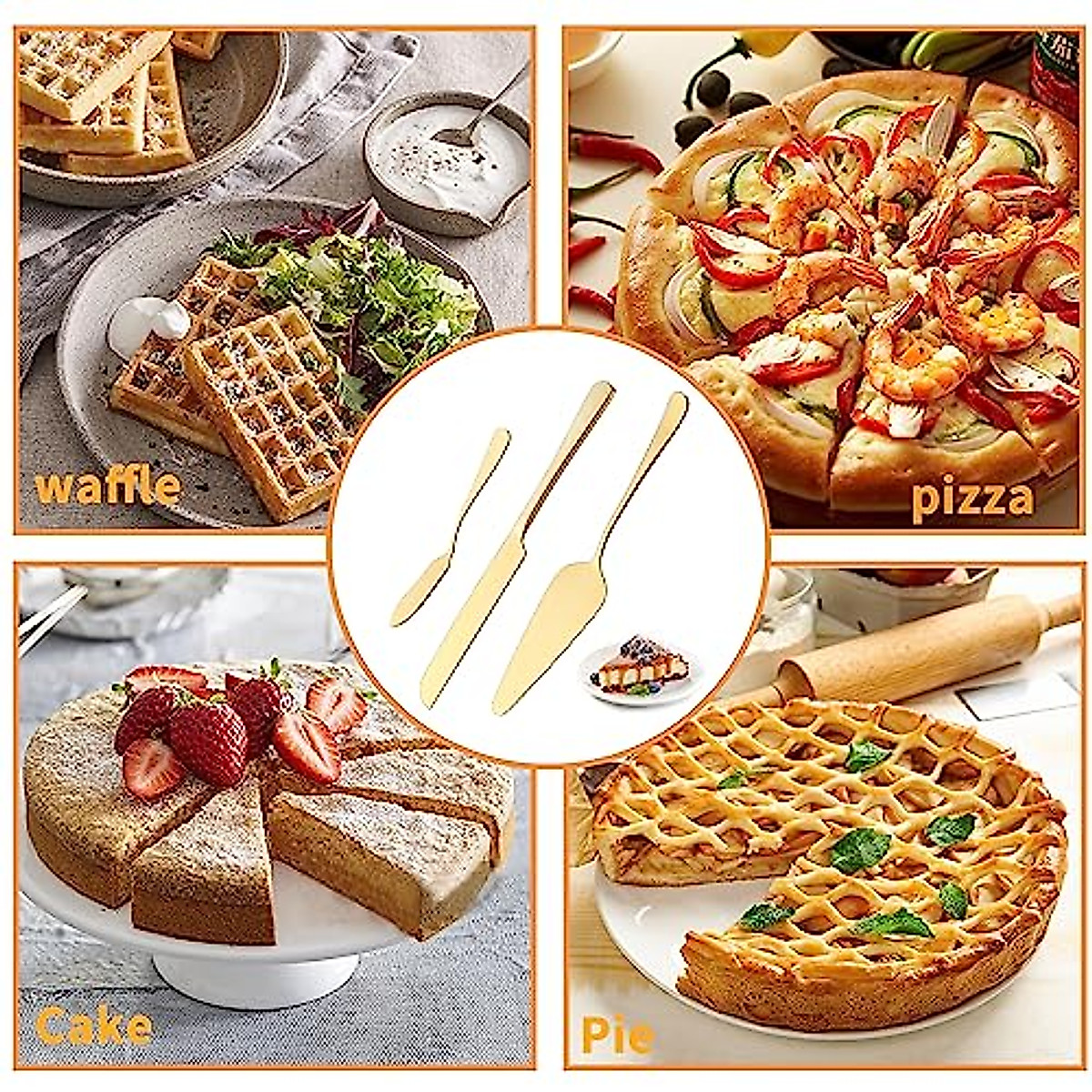 Wedding Cake Knife and Server Set, Little Cook 3PCS Cake Cutting Set for Wedding, includes 9.25" Cake Knife, 9" Cake Server and 6.7" Cake Pie Spatula, Stainless Steel Cake Cutter, Gold