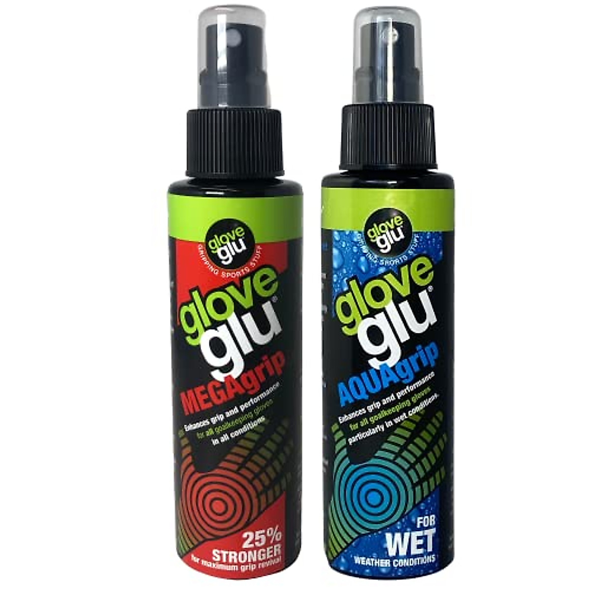 gloveglu MEGAgrip+ AQUAgrip Goalkeeper Glove Grip Spray Bundle. Contains gloveglu MEGAgrip 120ml + gloveglu AQUAgrip 120ml