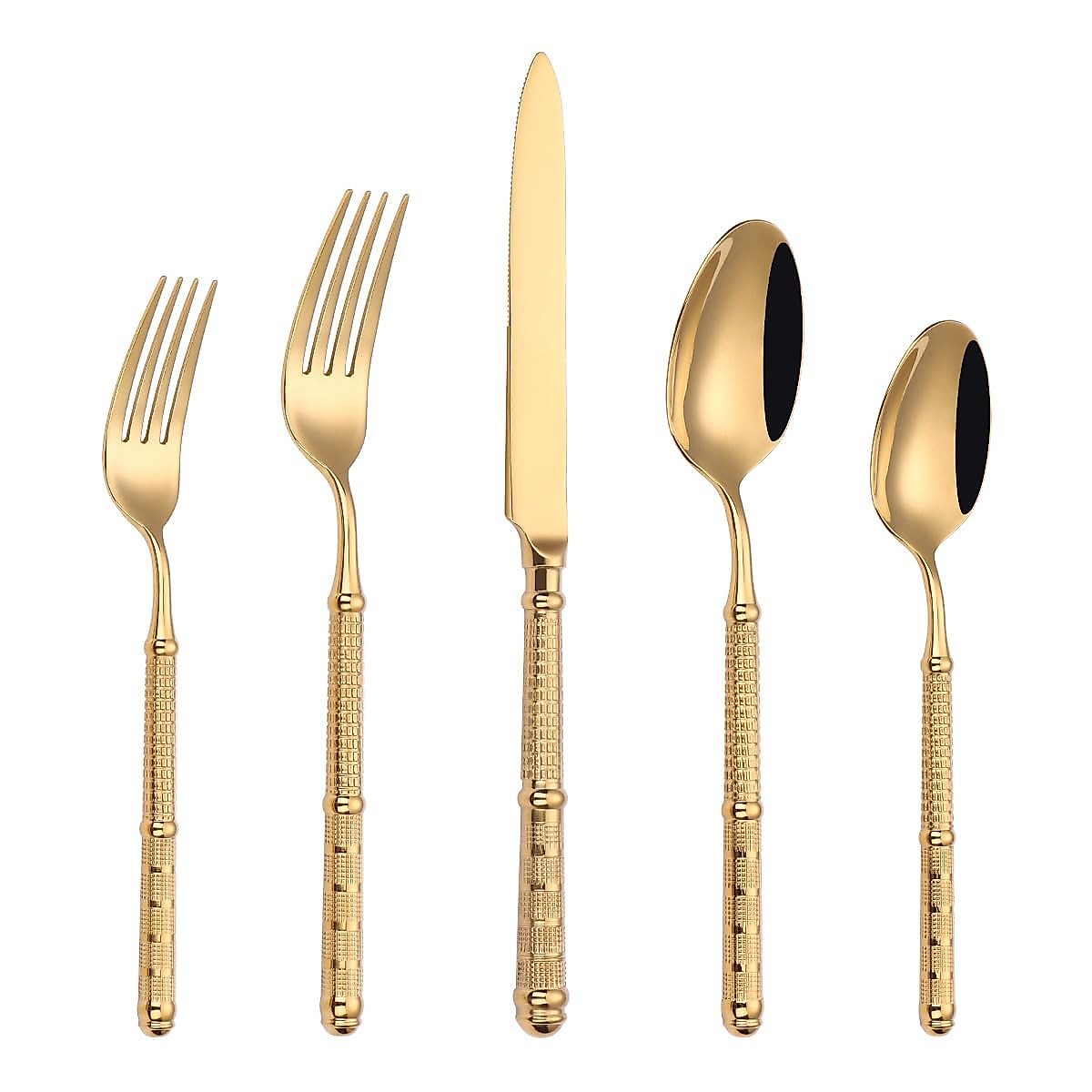 BLEWAR 5-Piece Vintage Gold-Plated Silverware Set for 1 - Elegant Flatware Cutlery Set 18/10 Stainless Steel Tableware Kitchen Utensil Dinnerware Set