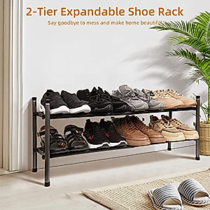 MULISOFT 2-Tier Expandable Shoe Rack, Stackable and Adjustable Shoe Shelf Storage Organizer Heavy Duty Metal Free Standing Shoe Rack for Closet Entryway Bedroom Garage (Black),1 Pack