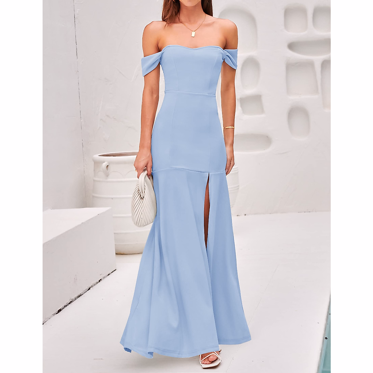 ZESICA Women's Elegant Backless Long Cocktail Dress High Slit Flowy A Line Wedding Guest Maxi Dresses,Blue,Medium