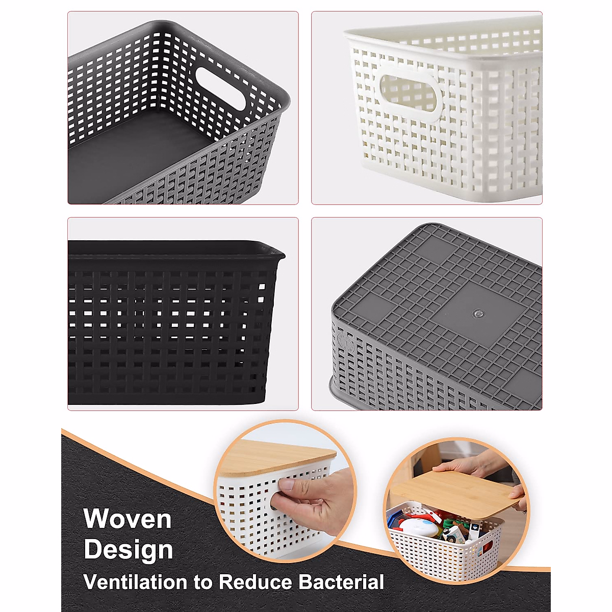 AREYZIN Storage Bins with Bamboo Lids Set of 6 Lidded Storage Container Plastic Baskets Organizer Bins for Organizing Kithen Room Bedroom Office Closet, Sturdy(Black)