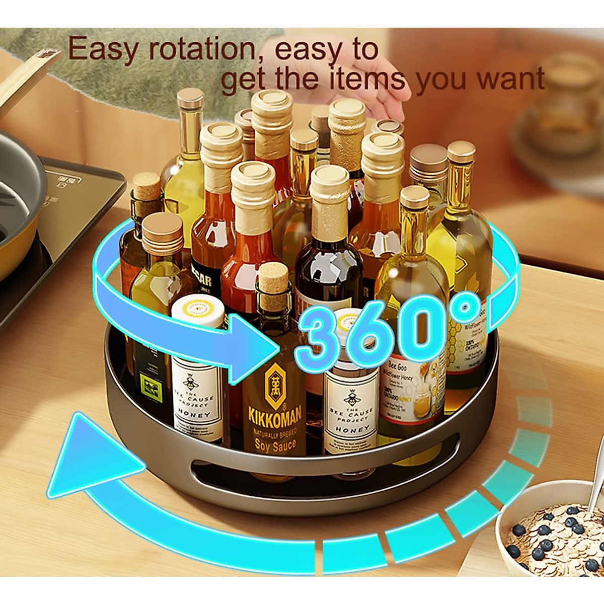 BULTIWEUD 1 Tier Lazy Susan Turntable Spice Rack Organizer Food Storage Container for Kitchen Cabinet, Spinning Organizer for Spices,Condiments,Black