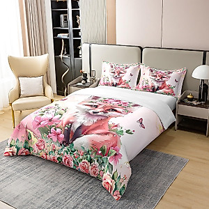 Watercolor Fox 100 Percent Cotton Bedding Set Full Size Cute Jungle Wildlife Duvet Cover Romantic Rose Butterfly Comforter Cover Pink Golden Marble Bedspread Cover with 2 Pillowcases