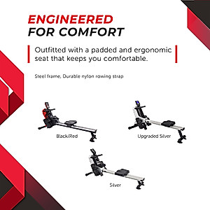 Stamina X Magnetic Rower 1102 - Rower Machine with Smart Workout App - Rowing Machine with Magnetic Resistance for Home Gym Fitness - Up to 250 lbs Weight Capacity - Black/Red