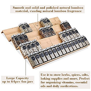 Mulush Bamboo Spice Rack Tray - 64 Jars Spice Drawer Organizer for Kitchen Cabinets Storage and Organization