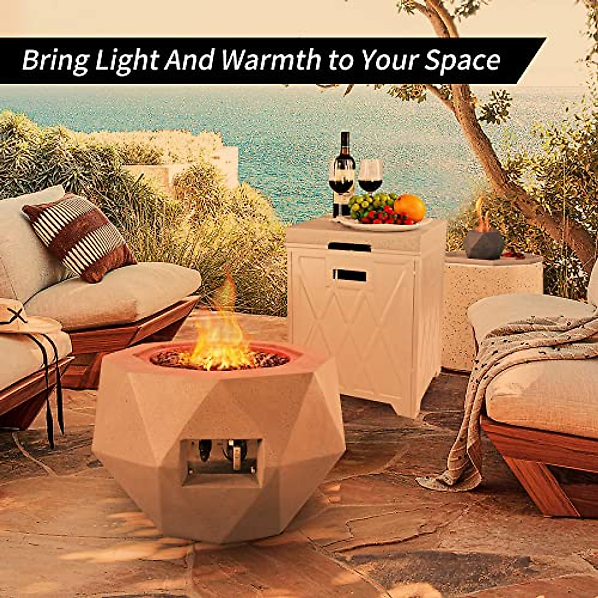 Kante 25" Concrete Propane Fire Pit Table with Assemble Tank Cover, 50,000 BTU Geometric Tray Style Lid for Outside Patio Garden,Comes Tabletop Pit, Lava Rock Light Gray (A-GF002-81904-SW01)