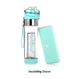 New Improved Unique Bottom Loading Fruit Infuser Water Bottle Complete Bundle Includes Bottle Brush, Insulating Sleeve & Infusion Recipe eBook. Leak Proof Sweat Proof BPA-Free (Teal)