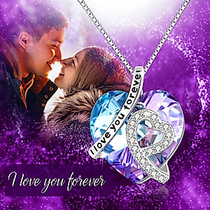 AOBOCO Amethyst Heart Necklace Gifts for Wife Sterling Silver Heart Purple Crystal Pendant Love You Forever Jewelry for Women