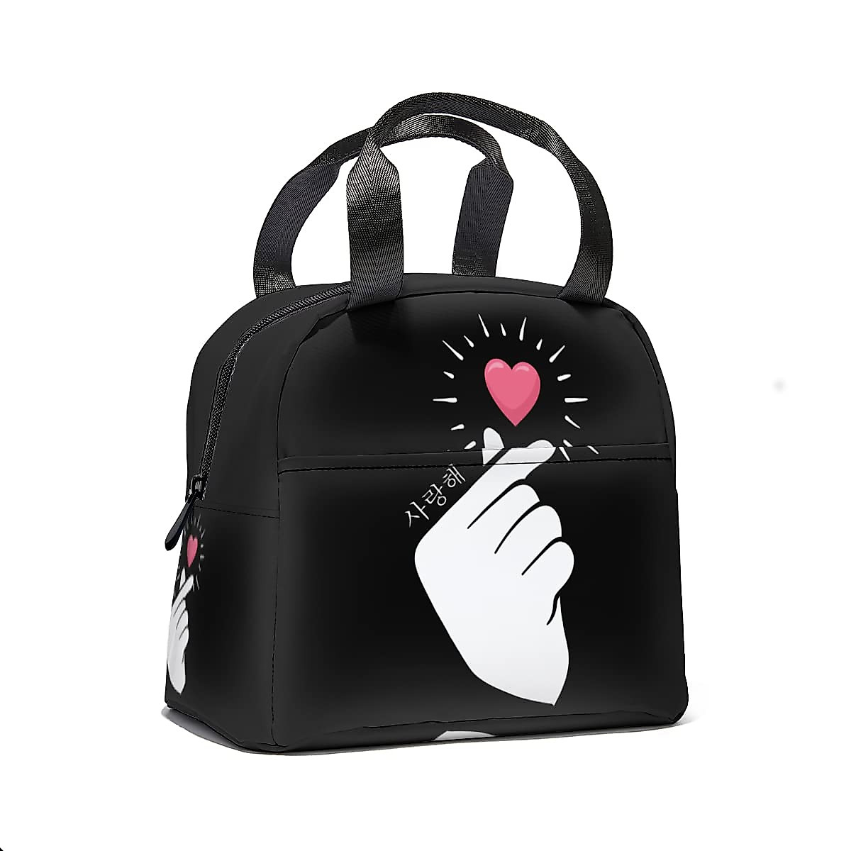 Vderxcok K-Pop Finger Heart Insulated Lunch Box Portable Thermal Cooler Tote Bag with Front Pocket Reusable Leakproof Lunch Bags for Women Men Girls Adults Work Hiking Picnic Travel
