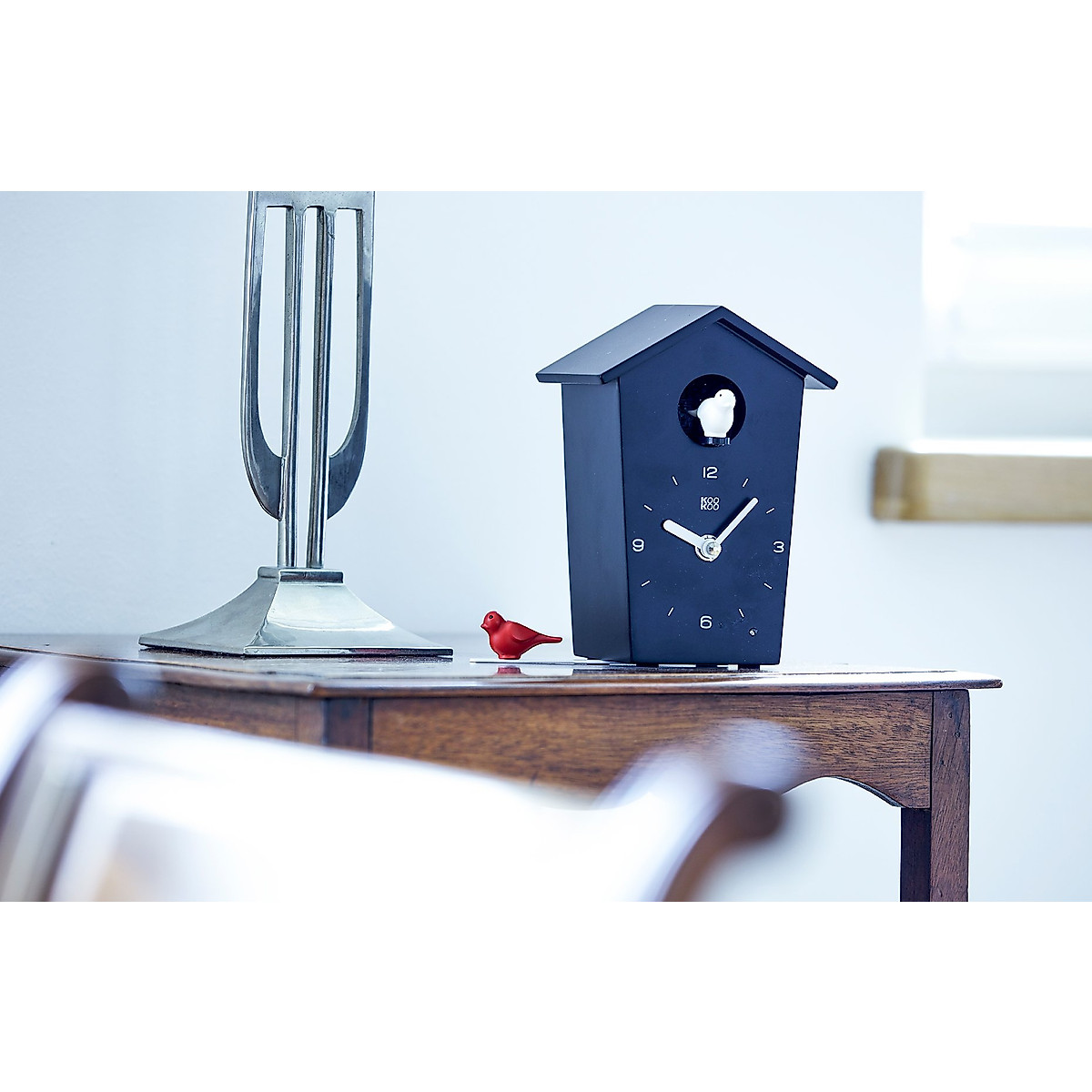 KOOKOO BirdHouse mini black, tiny modern cuckoo clock with 12 natural bird songs or cuckoo call