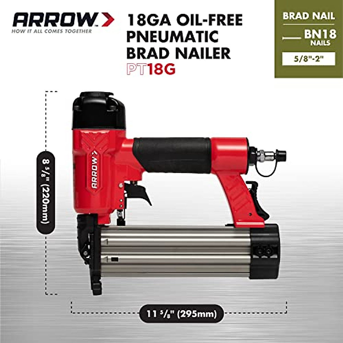 Arrow PT18G Gauge Oil-Free Pneumatic Brad Nailer - Small Light Trim and Interior Molding Work, Operates Up to 100psi Compression Unit, Fits 5/8", 3/4", 1", 1.5", 2" Brad Nails