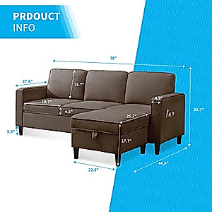 Horgaeo Convertible Sectional Sofa Couch, 3-Seat L-Shaped Couch with Storage Ottoman, Wooden Sofa Legs Modern Linen Fabric Reversible Chaise for Living Room, Bedroom, Apartment (Coffee), 78'' W