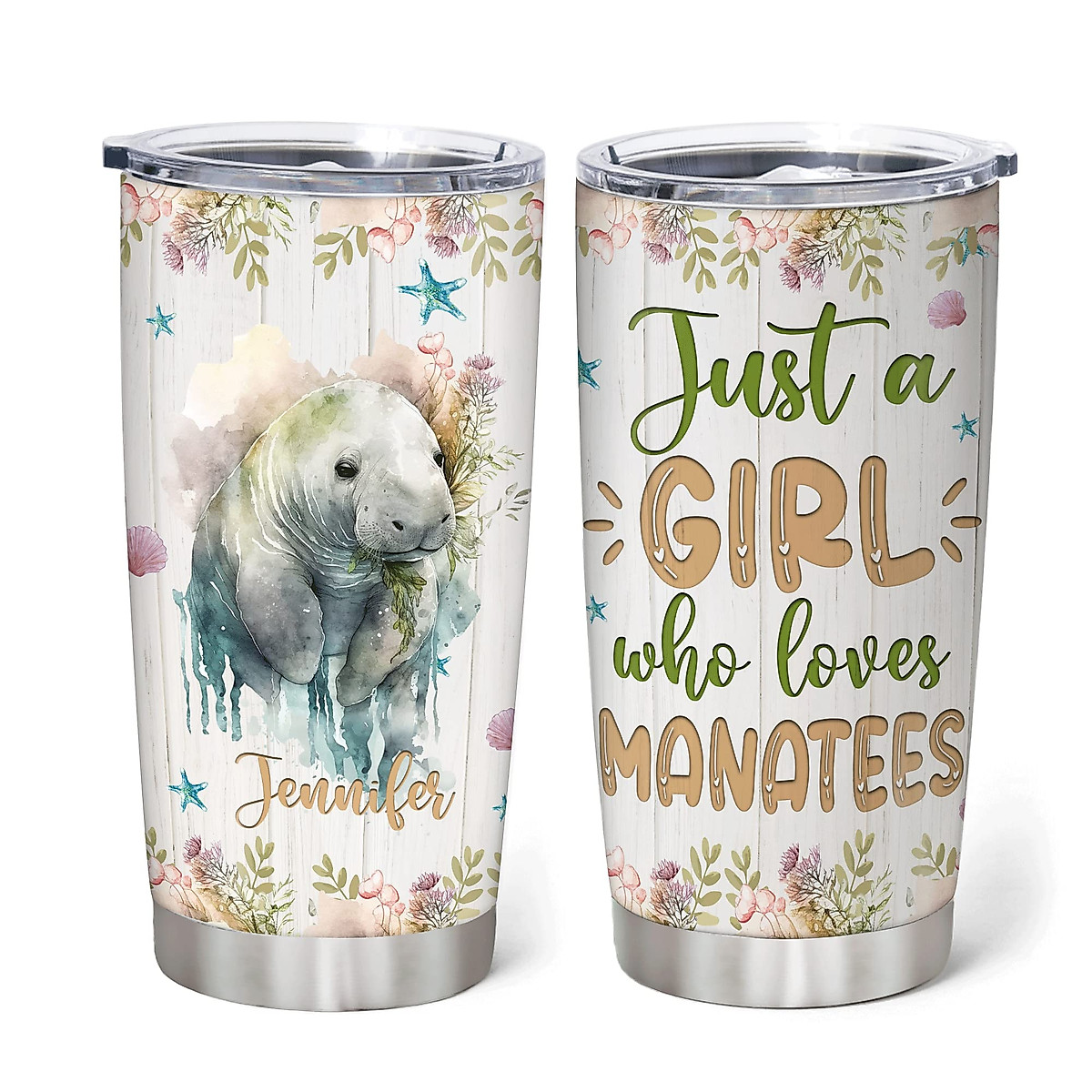 Hyturtle Personalized Gifts For Manatee Lover - Just A Girl Who Loves Manatees Custom Name Stainless Steel Tumbler 20oz With Lid - Idea Ocean Animal Lover Gifts For Women Girl On Birthday, Christmas