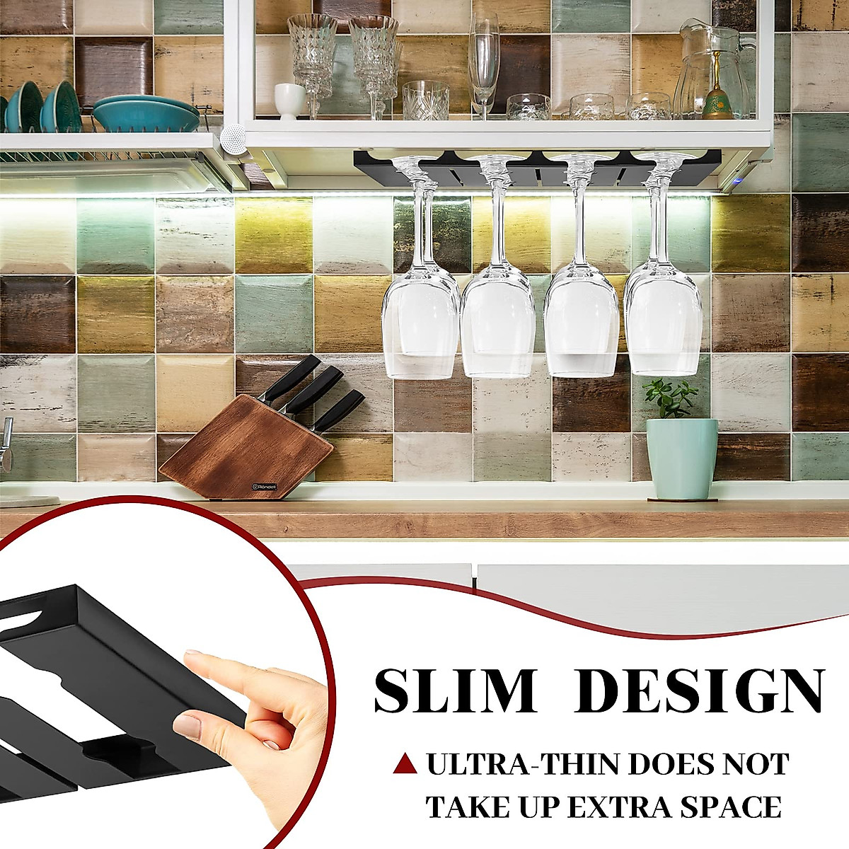 YALINKA 2Pcs Under Cabinet Stemware Holder Wine Glass Rack, Glasses Storage Hanger Under Shelf with hook, Goblet Display Drying Rack for Kitchen Bar Restaurant (4 slots)