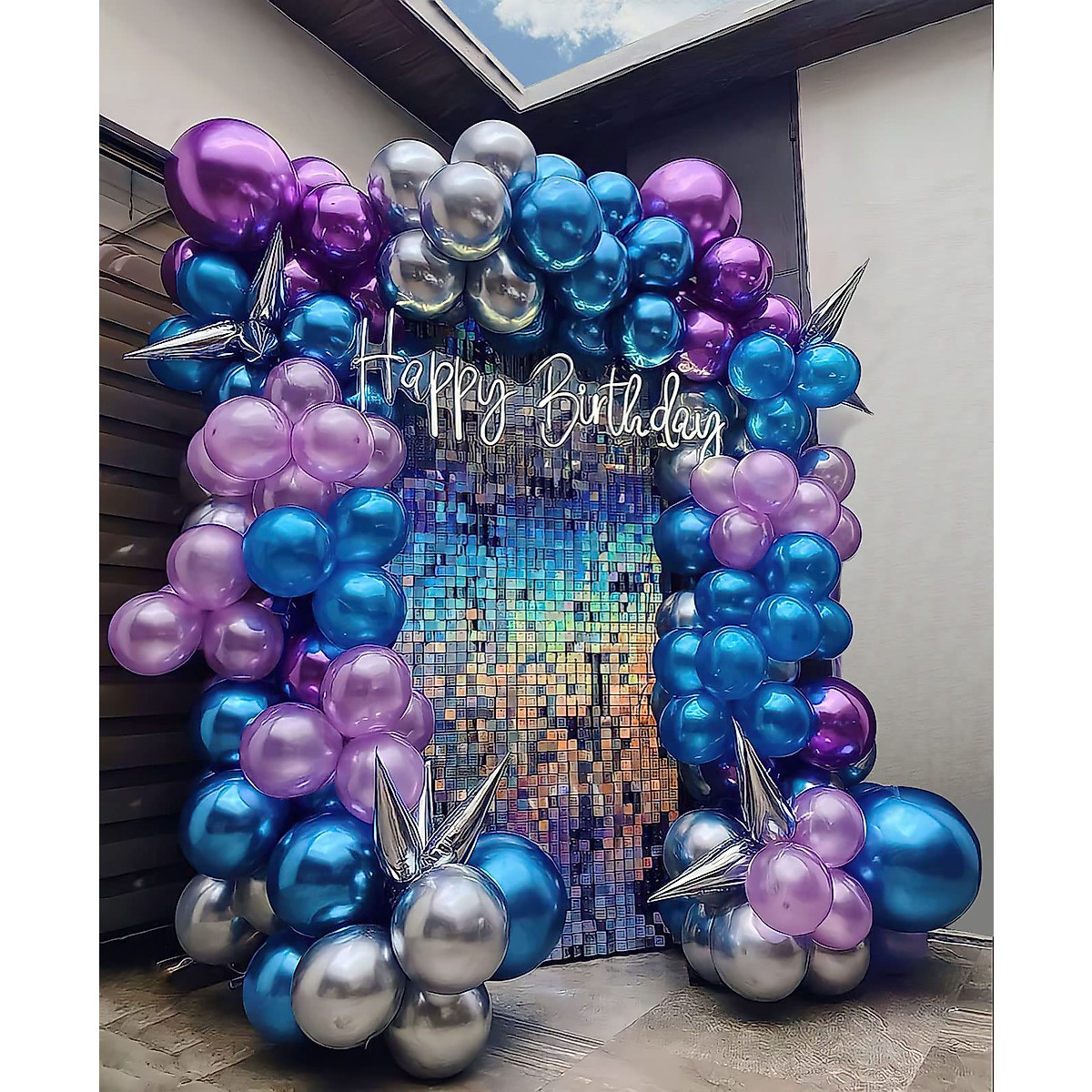Chrome Purple and Blue Balloon Garland Arch Kit 130Pcs Double stuffed lilac Silver Metallic Balloons For 2023Graduation Galaxy Space Theme Video Game for Euphoria Party women birthday decorations