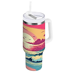 PaChyLuu 30 oz Insulated Tumbler with Handle and Straw Lid, Sunset Beach Lighthouse Leak-Proof Stainless Steel Travel Coffee Mug for Car Cup Holder