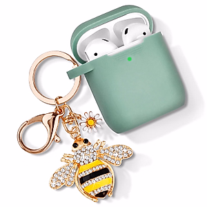 Filoto AirPods Case, Cute AirPod 2nd Generation Case Cover for Women Girls, Silicone Apple AirPods Gen 1/2 Protective Earbuds Case with Rhinestone Bee Keychain Accessories (Cactus Green)