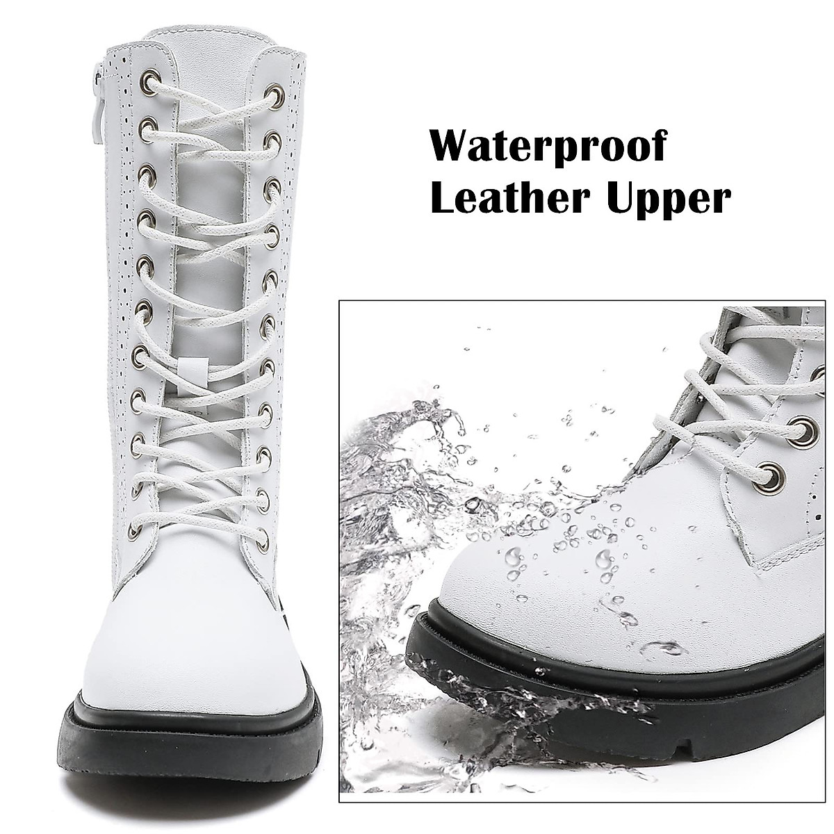 DADAWEN Boys Girls Leather Lace-Up Waterproof Side Zipper Mid Calf Combat Riding Winter Boots (Toddler/Little Kid/Big Kid) White US Size 2 M Little Kid