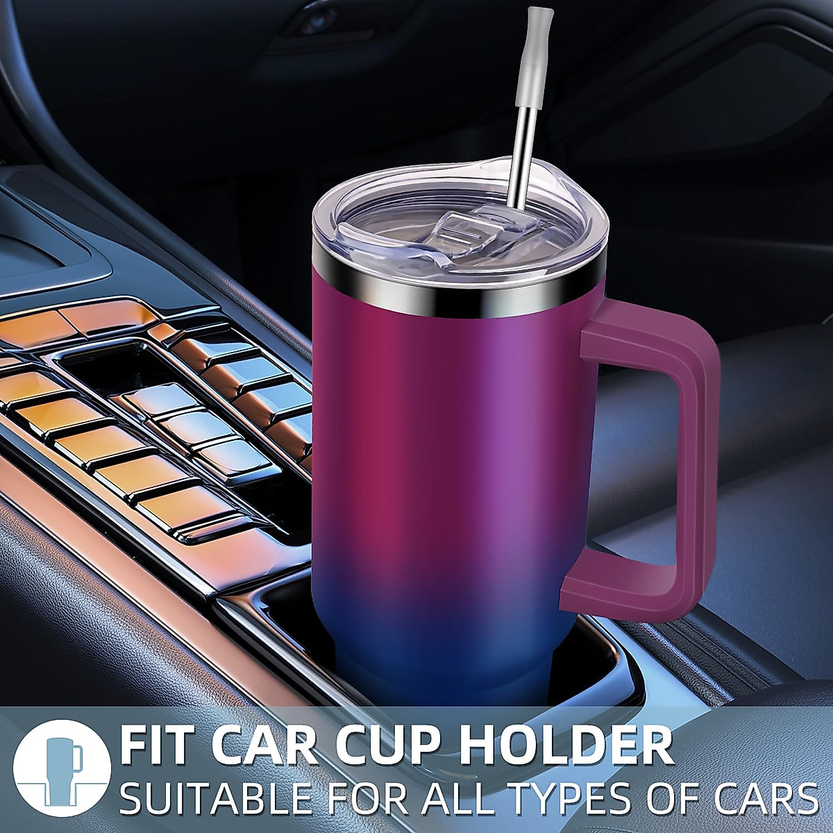 40 oz Tumbler with Handle and Straw, 100% Leak Proof Tumblers Cup, Stainless Steel Insulated Travel Coffee Mug, Keeps Drinks Cold for 24 Hours or Hot for 10 Hours, Fits for Car Cup Holder, PurpleBlue
