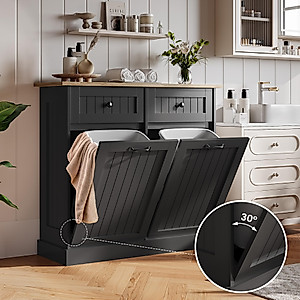 SUCXDZQ Double Tilt Out Trash Cabinet, Farmhouse Style Hidden Trash Bin with 2 Drawer – Space-Saving 2 x 10 Gallon Kitchen Trash Can for Laundry Room, Pantry, and Kitchen Storage (Black)