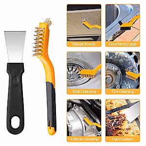 6 Pcs Wire Brush, Wire Brush Set, Brass/Nylon/ Steel Brush and Cleaning Spatula, Premium Metal Brush with Curved Handle Grip, Wire Brushes for Cleaning Rust, Cratches, Weld Slag, Paint and Stain