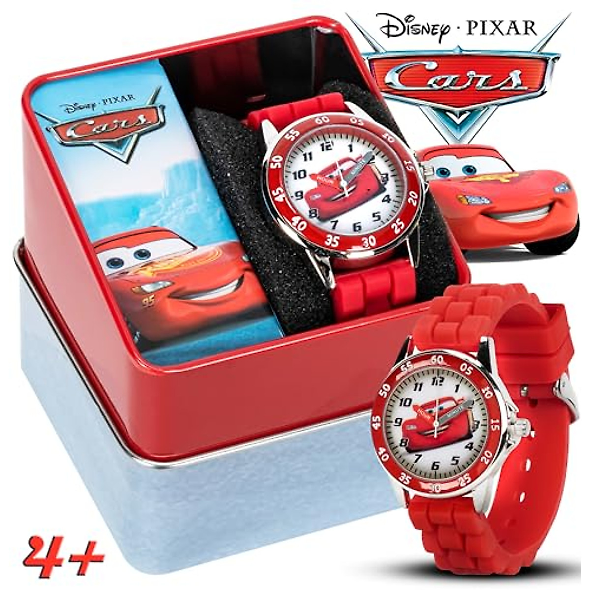 Disney Pixar Cars Kids' Time-Teaching Watch – Lightning McQueen Design with Red Silicone Strap, Easy-to-Read Dial, and Adjustable Fit for Wrists 5.5" to 8"