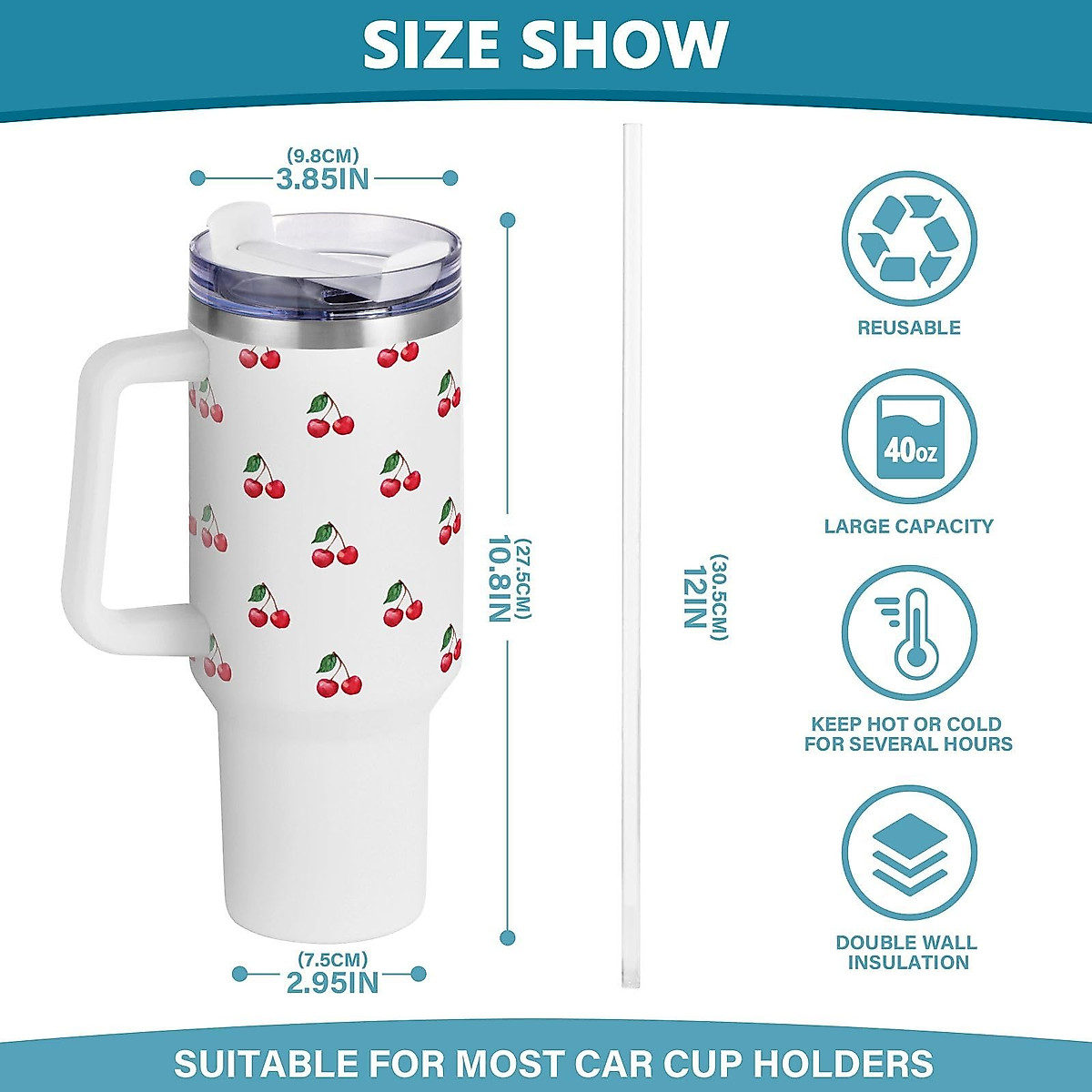 Burbuja Cherries 40oz Insulated Tumblers with Handle and Straw Lid, Double Wall Stainless Steel Travel Mug Leak-Proof, BPA Free, Gift for Mom Dad