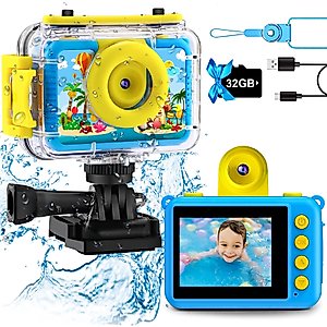 GKTZ Kids Waterproof Camera - Underwater Camera Birthday Gifts for Girls Boys Children Digital Action Camera with 32GB SD Card, Pool Toys for Kids Age 4 5 6 7 8 10
