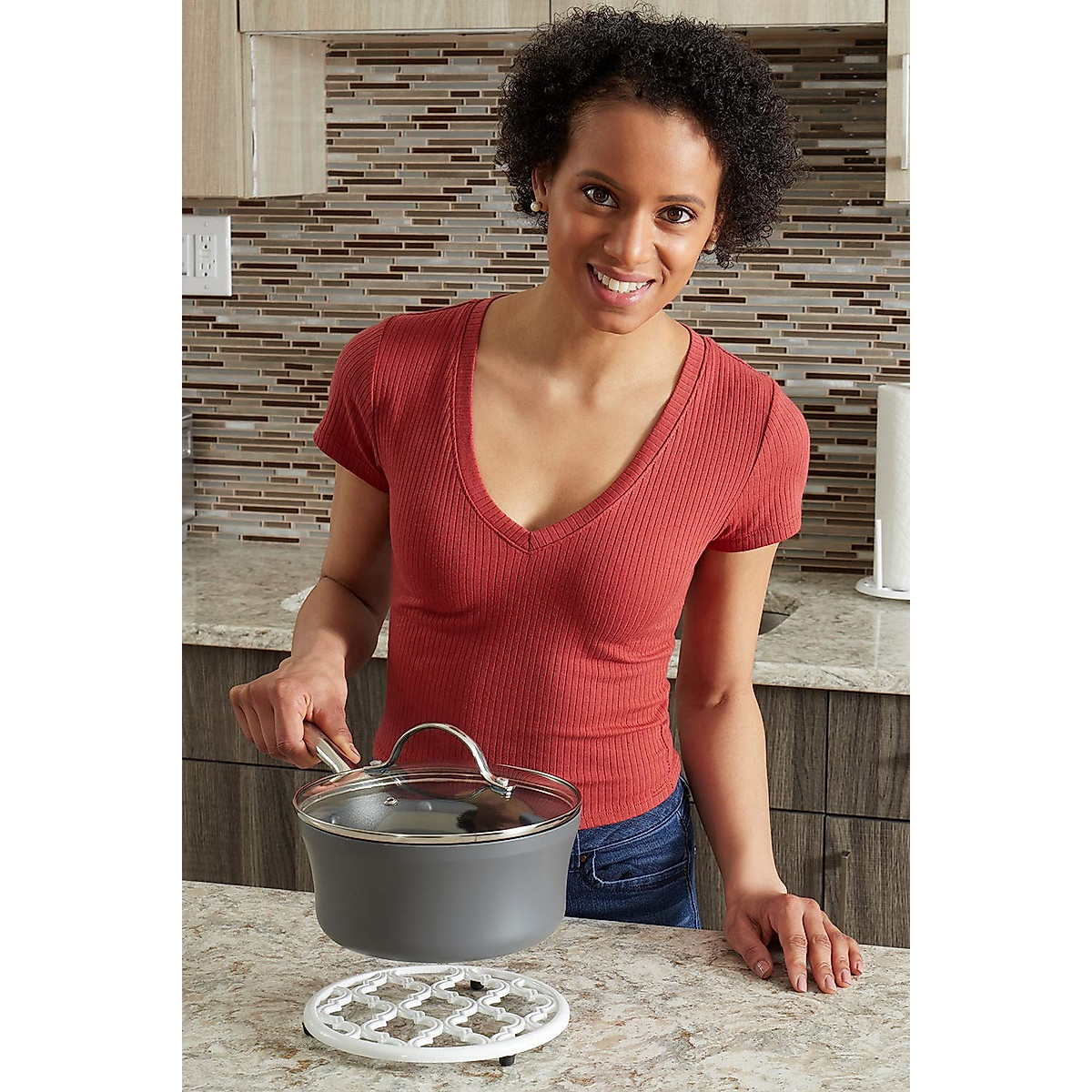 Home Basics Lattice Collection Cast Iron Trivet for Serving Hot Dish, Pot, Pans & Teapot on Kitchen Countertop or Dinning, Table-Heat Resistant (2, White)