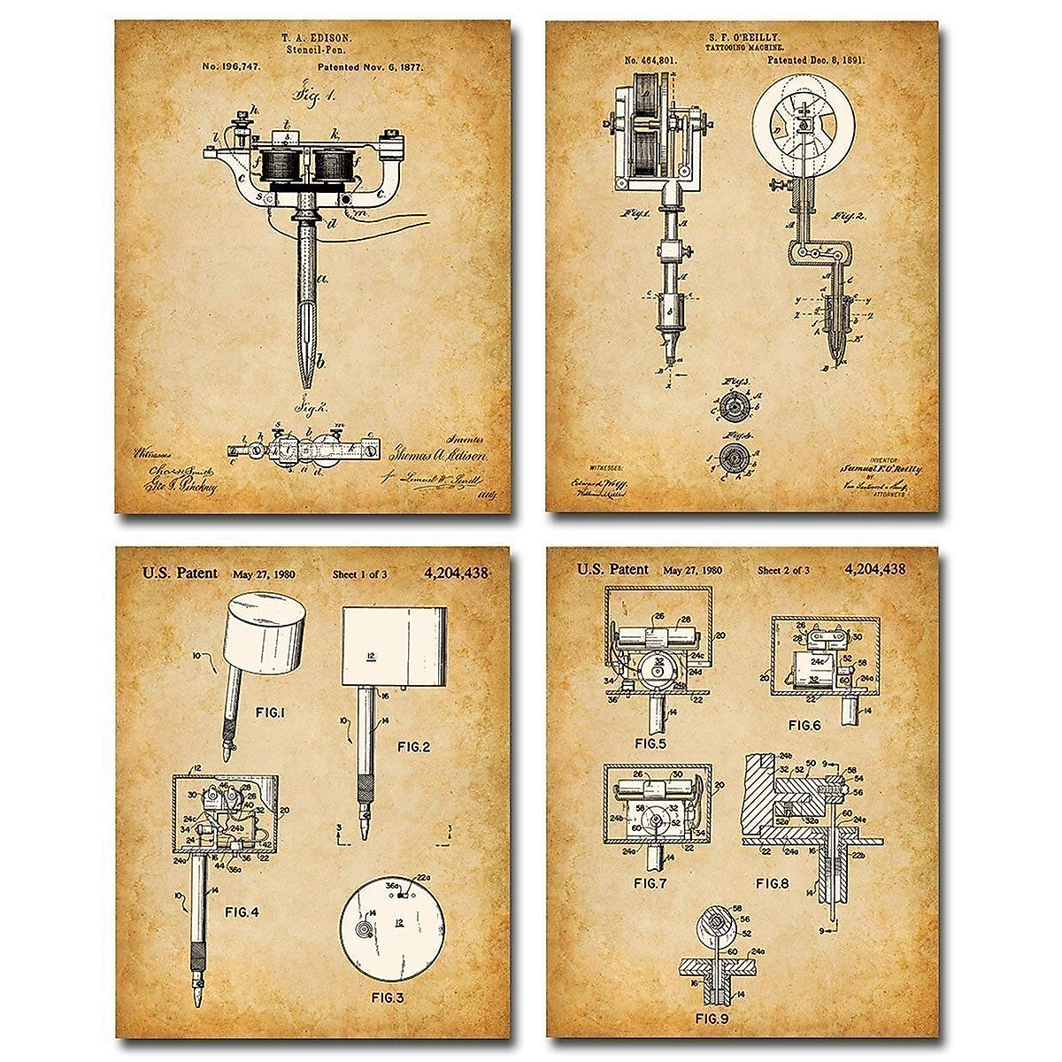 Original Tattoo Machine Patent Prints - Set of Four Photos (8x10) Unframed - Makes a Great Tattoo Artist Gift - Tattoo Shop Decor and Gift Under $20 for Tattoo Artists and Ink Fans
