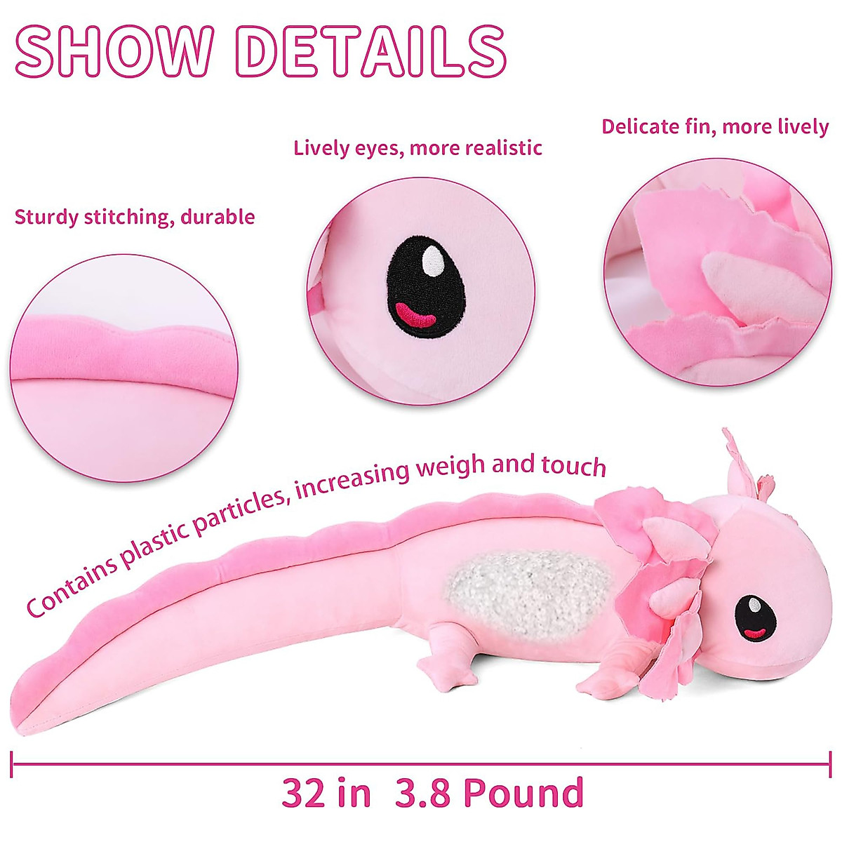 Gubuy Weighted Stuffed Animals 4.2lbs Weighted Axolotl Plush 32", Stuffed Weighted Axolotl Plush Animal Throws Pillows(Pink)