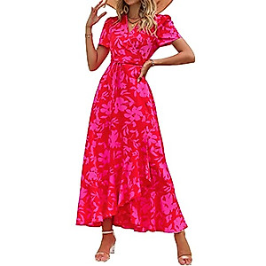 PRETTYGARDEN Women's Summer Wrap Maxi Dress Casual Boho Floral V Neck Short Sleeve Ruffle Hem Split Beach Long Dresses (Red Floral,X-Large)